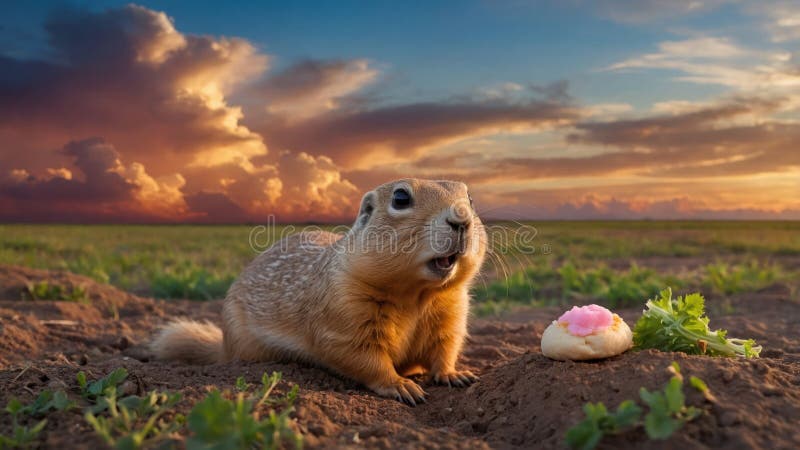 Cute Prairie Dog Watching Sunset with Sweet Treat Stock Illustration ...