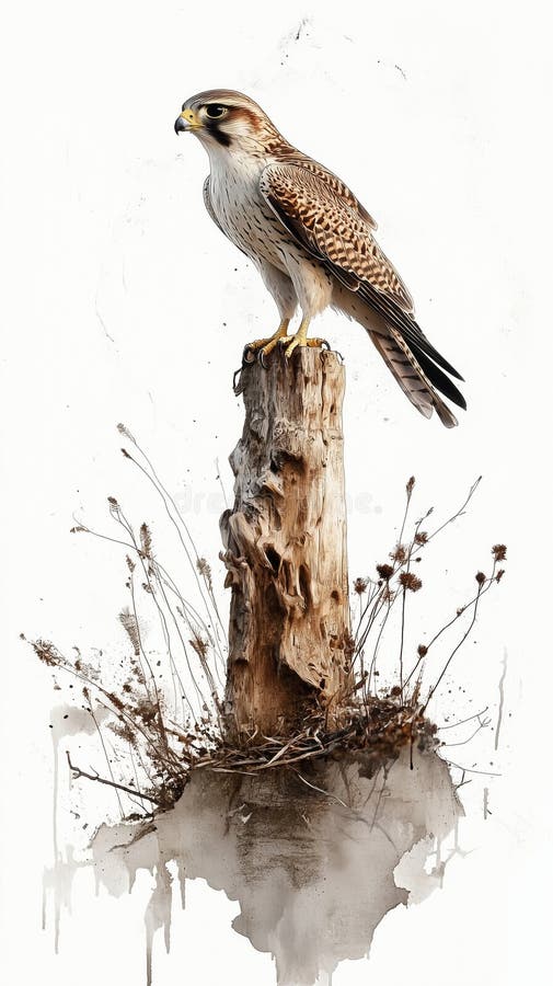 Prairie Falcon on a Tree Stump with Artistic Elements Stock ...