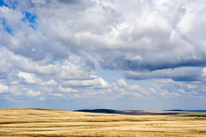 Prairie Landscape with Wind Turbines in Distance Stock Photo - Image of ...