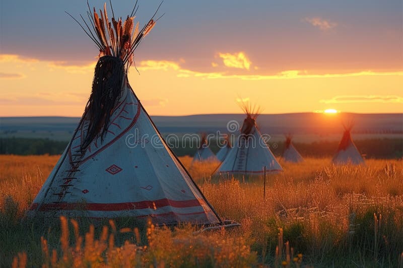 Prairie Tranquility Indian Teepee in Field at Sunset, First Nations ...