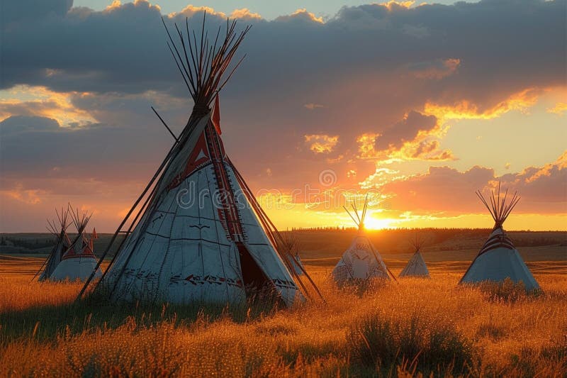 Prairie Tranquility Indian Teepee in Field at Sunset, First Nations ...