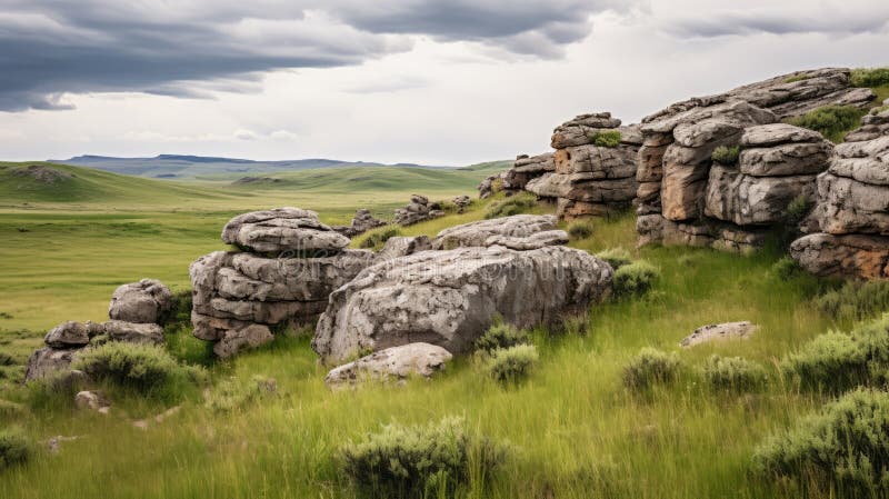 Prairiecore Landscape with Sharp Boulders and Rocks Stock Illustration ...