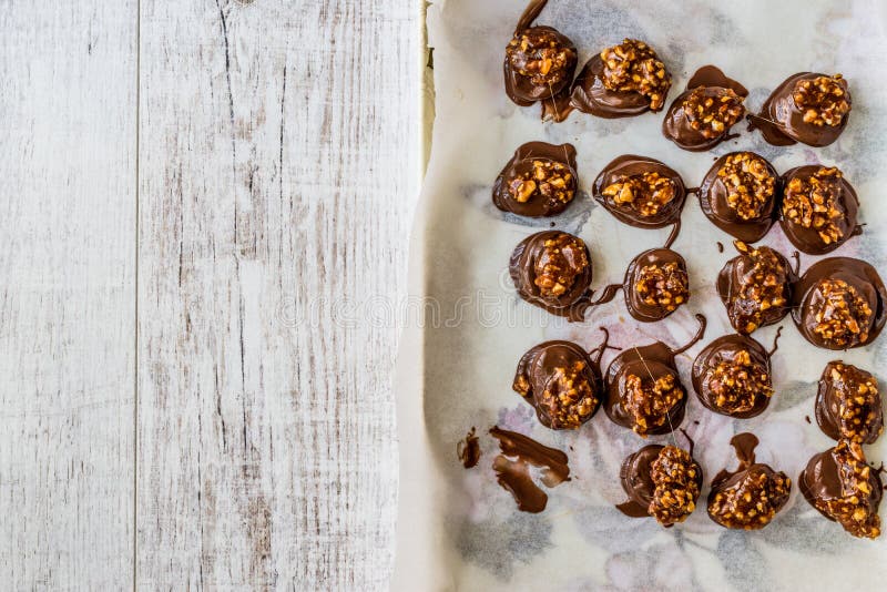 Praline Chocolate with Walnut, Almond, Peanut or Croquant Stock Photo ...