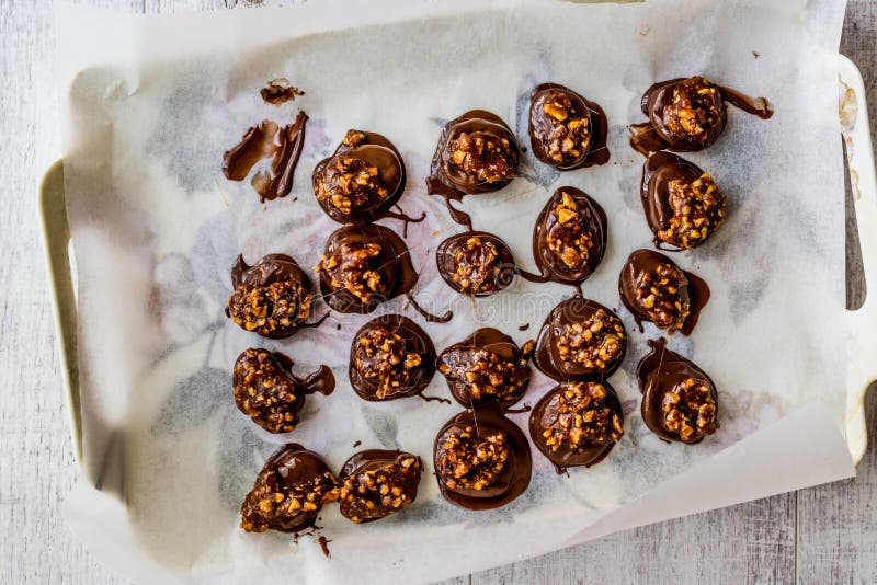 Praline Chocolate with Walnut, Almond, Peanut or Croquant Stock Image ...