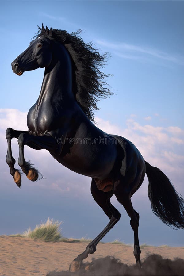 Prancing Black Horse at the Beach. Generative AI Stock Illustration ...