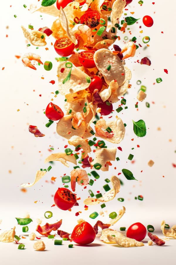 Prawn Cocktail with Chips and Tomatoes Falling Ingredients on White ...