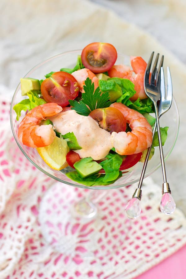 Prawn Cocktail Salad with Avocado, Tomato and Lettuce Stock Photo ...