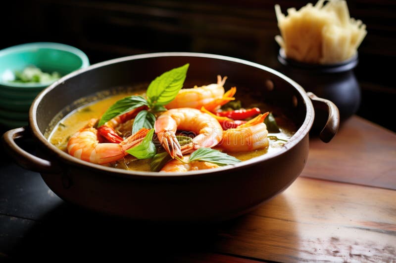 Prawn Curry in a Copper Bowl with a Side of Pickles Stock Photo - Image ...