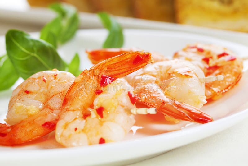 Prawn Kebabs with Chilli and Garlic Stock Photo - Image of prawns ...