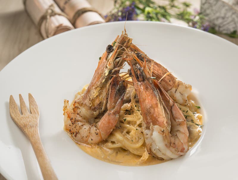 Smiley Face Eating Shrimp Pasta