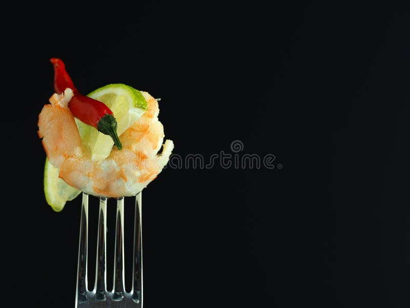 Shrimp on a Fork. Prawn Meat Boiled on a Fork with Lemon T Red Pepper ...