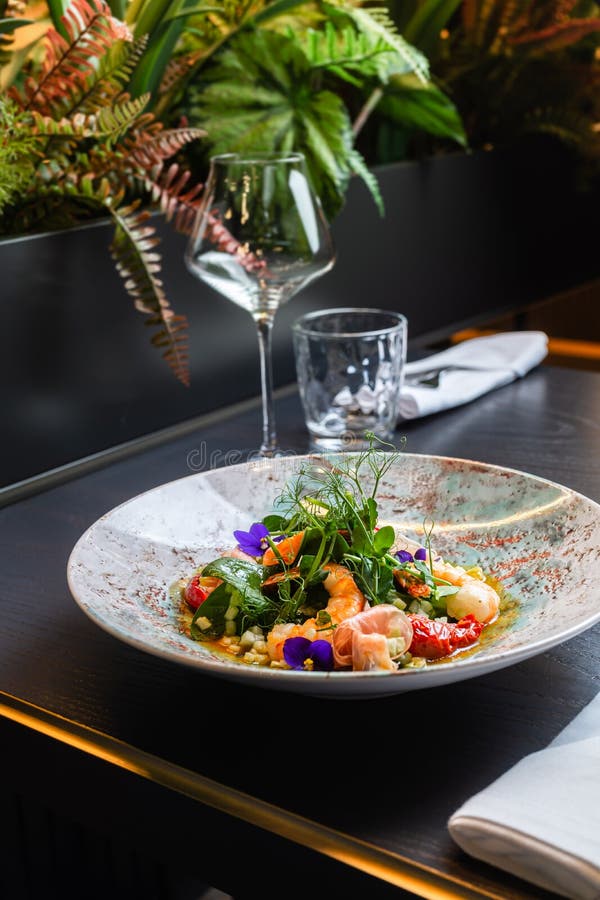 Prawn Salad View from Above in a Deep Plate Against the Background ...