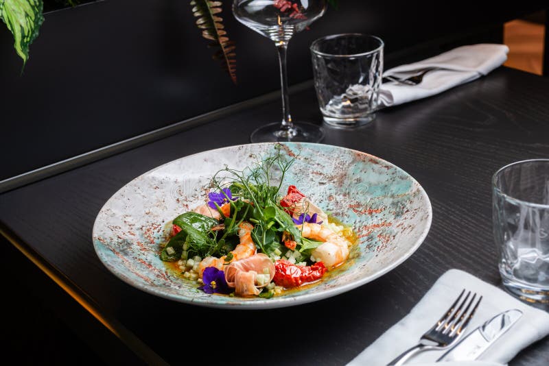 Prawn Salad View from Above in a Deep Plate Against the Background ...