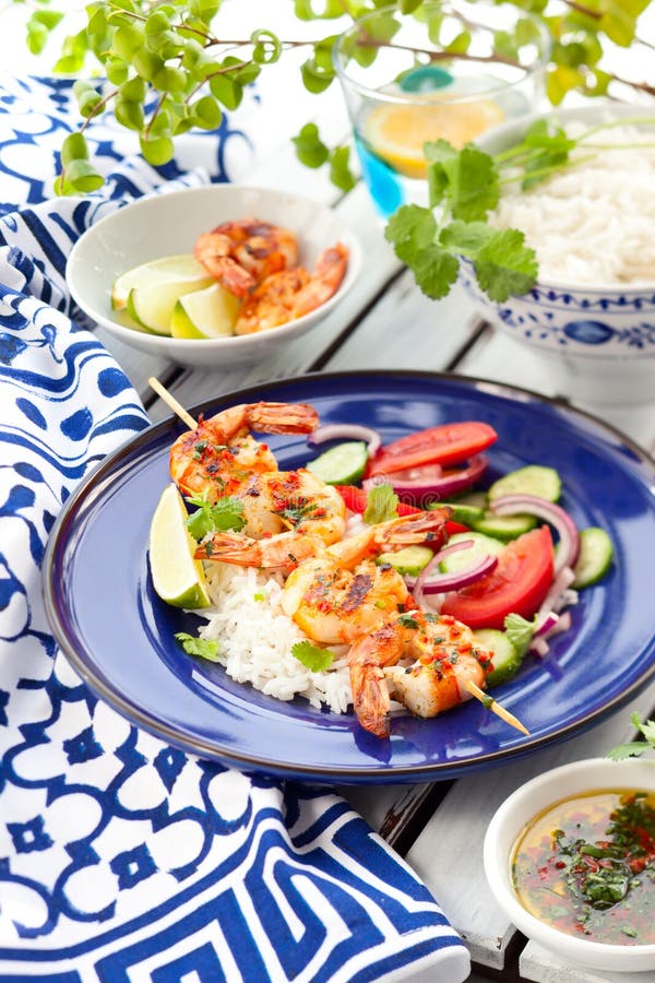 Prawn skewers stock photo. Image of grilled, dinner, green - 24104714