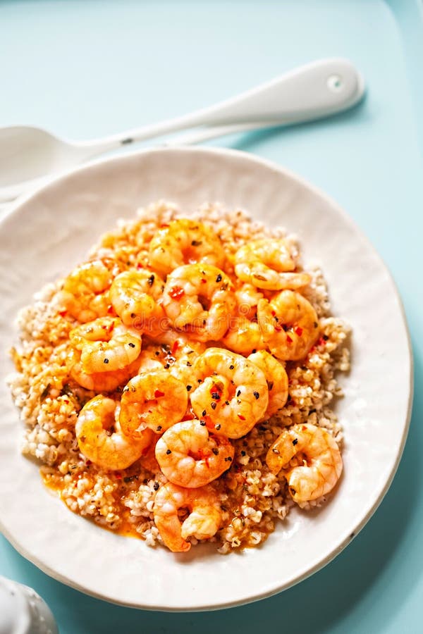 Prawns in Sweet Chilli Sauce with Barley Stock Photo - Image of lunch ...