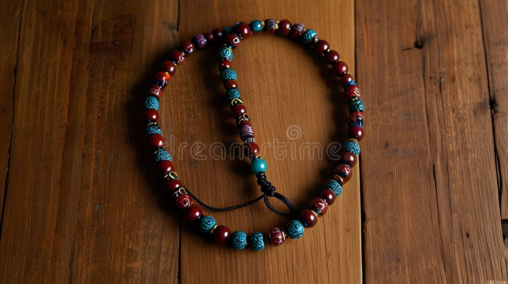 A Prayer Bead String Laid Out in a Spiral Pattern on a Wooden Surface ...