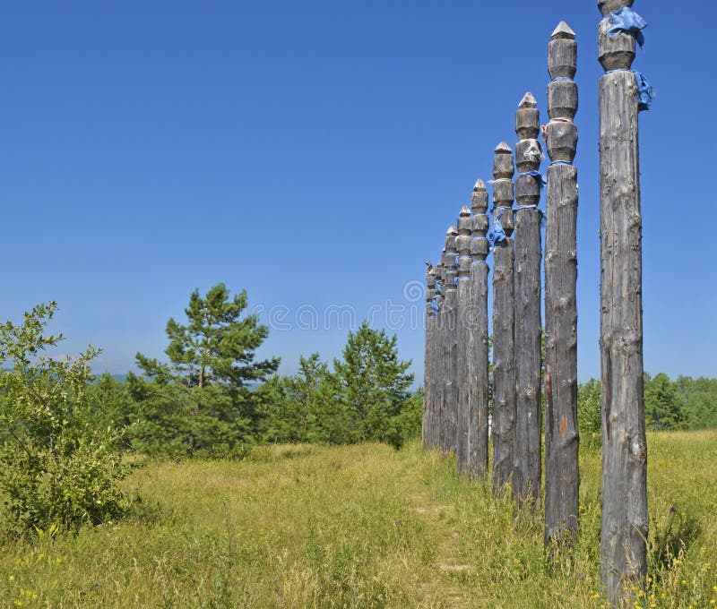 Buddhist Pillars in the Sacred Place of Worship Near Cape, Baikal Stock ...