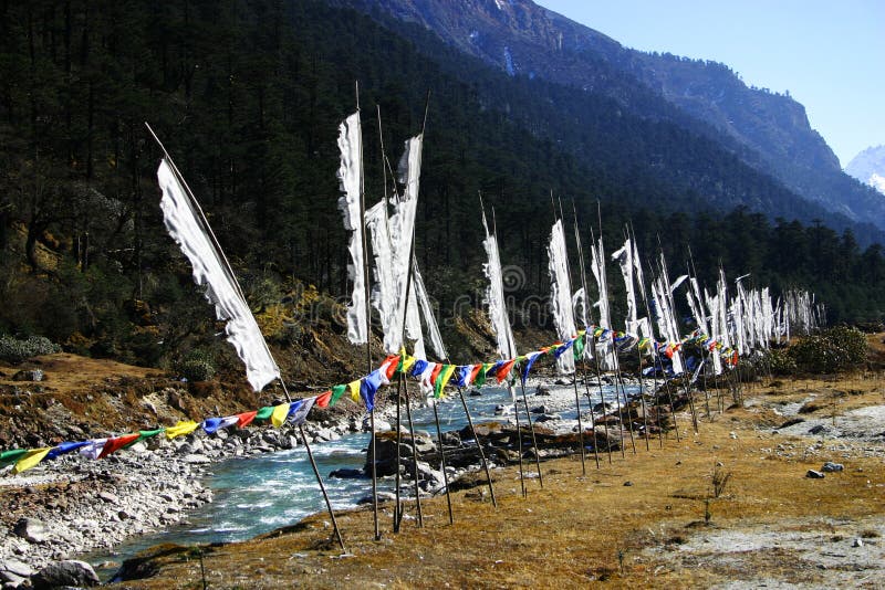 Prayer Flags Along a River, Northeast India Stock Photo - Image of ...