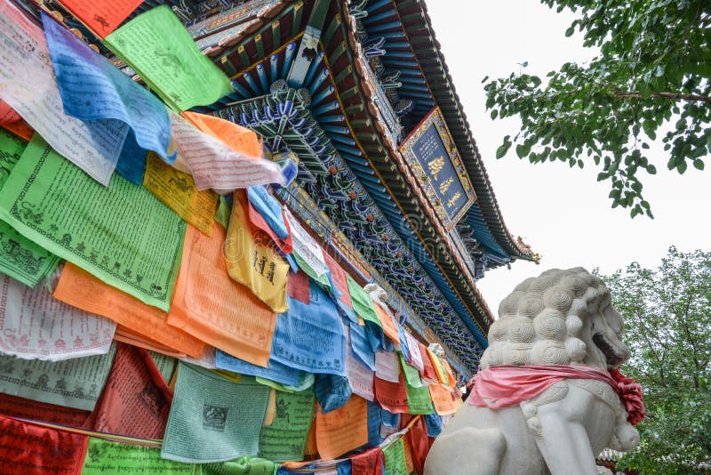 Ancient Chinese Structures Stone Lion and Prayer Flags Editorial Stock ...