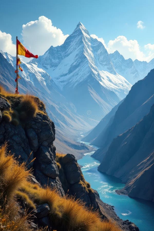 Prayer Flags Flutter Over Snow Capped Himalayas, River Valley Below ...