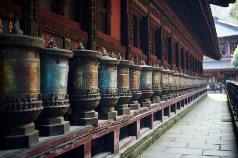 Prayer Wheels Spinning in a Row at a Temple Stock Illustration ...