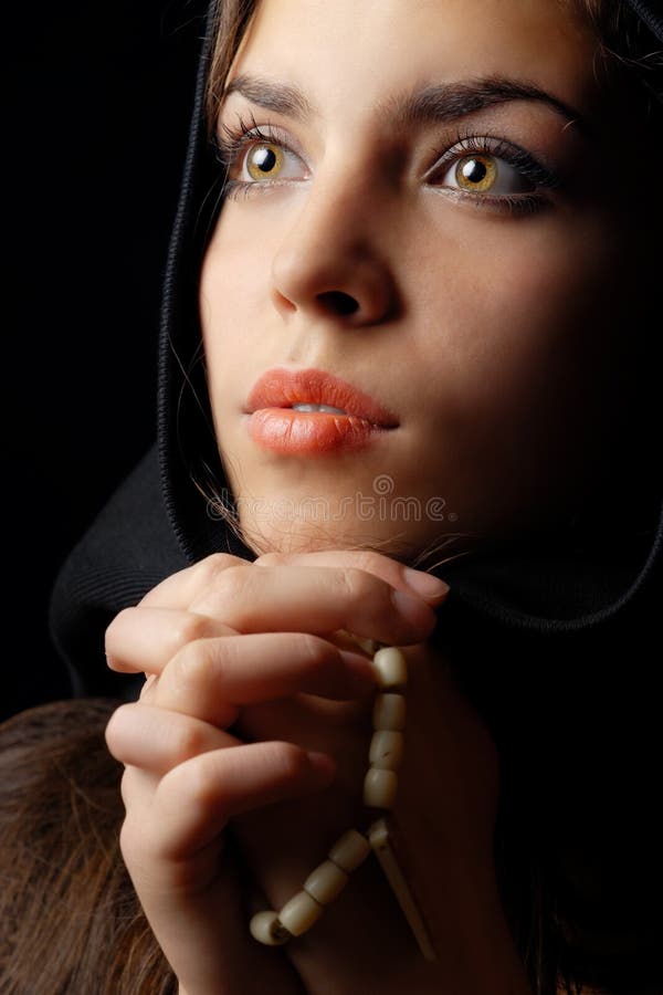 Young and Beautiful Girl Praying with Open Eyes Stock Image - Image of ...