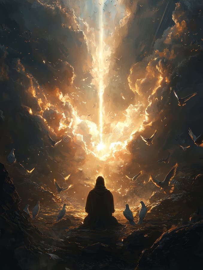 A Praying Figure Surrounded by Doves and Rays of Light. Stock Image ...