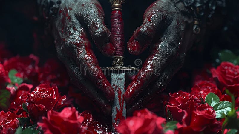 Praying Hands Clasp Dagger As Blood Transforms into Roses Base. Strong ...