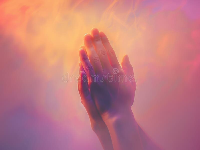 Praying Hands Clasped Together Against a Tranquil Pink and Orange ...