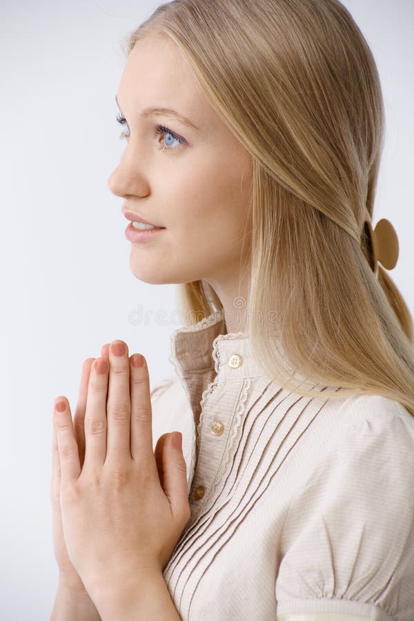 Praying! Side View Portrait of Wishful Attractive Young Girl Freelancer ...