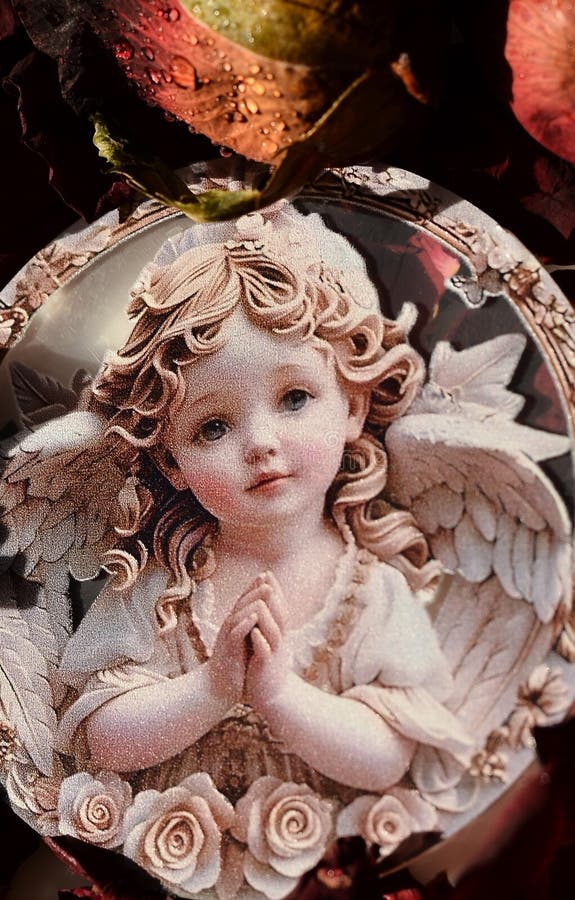 Praying Little Angel with Wings and Roses Editorial Stock Image - Image ...
