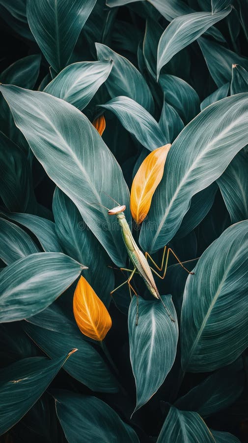 Praying Mantis Camouflaged among Teal Leaves Stock Illustration ...