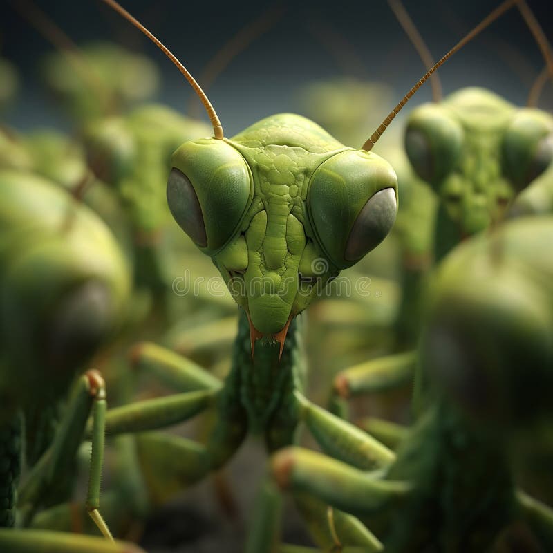 Praying Mantis in Large Group, Closeup. Stock Illustration ...