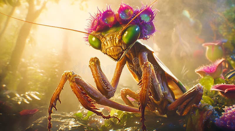 A Praying Mantis (Mantodea) with Vivid Green Compound Eyes is Adorned ...