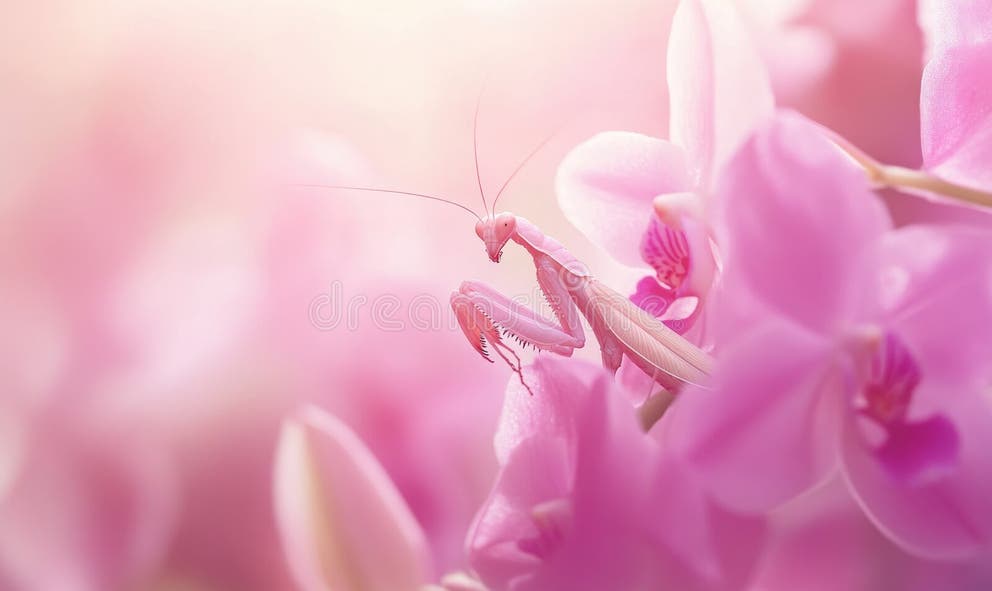 A Praying Mantis is Sitting on a Pink Flower Stock Illustration ...