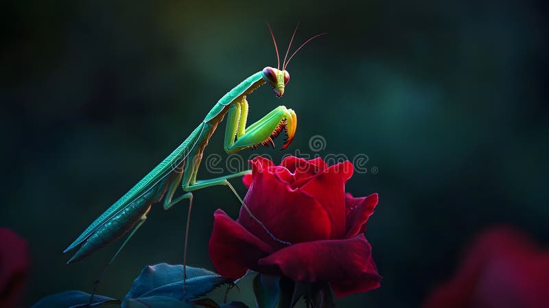 A Praying Mantis Standing on a Red Rose with Its Front Legs Raised ...