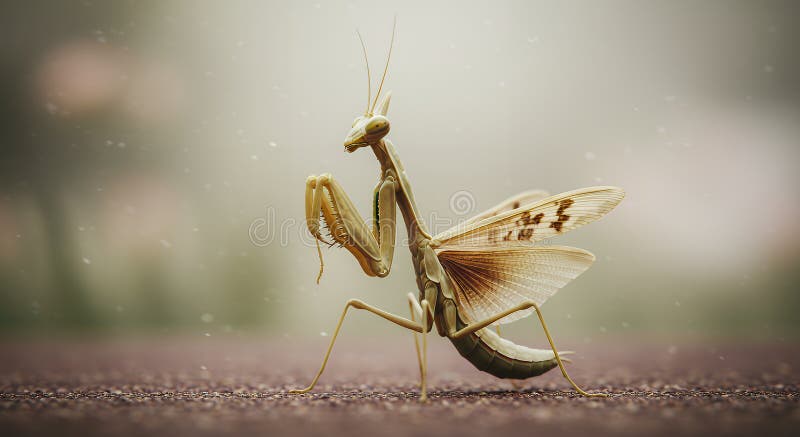 Praying Mantis Standing Tall on Pavement with Delicate Wings Displayed ...