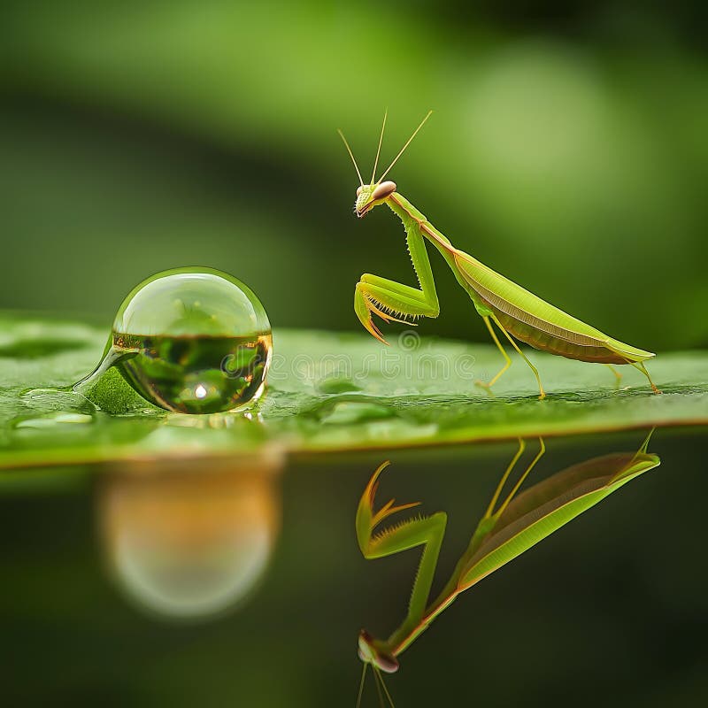Praying Mantis and Water Drop Stock Illustration - Illustration of ...