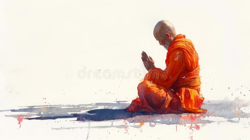 Praying Monk in Watercolor Style Stock Illustration - Illustration of ...