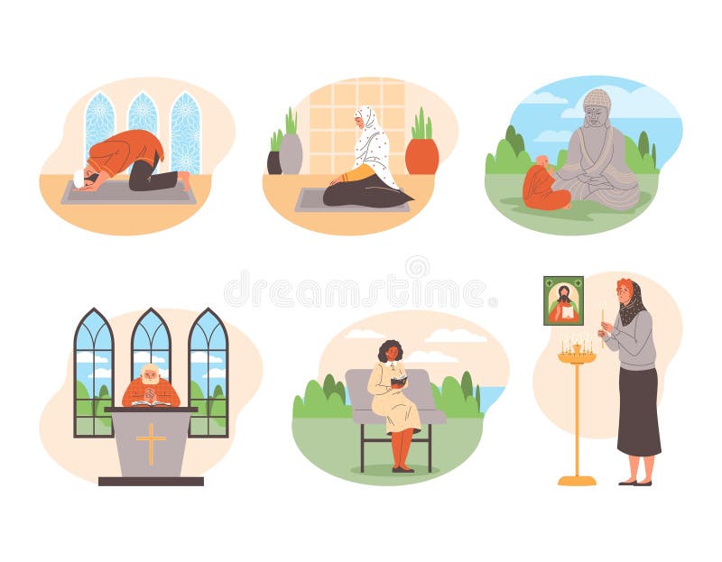 Praying Tradition of Various Religions and Customs, Vector Illustration ...