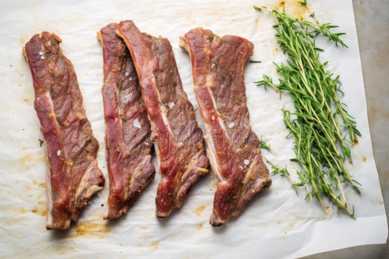 Pre-cooked Dry Rubbed Pork Ribs on White Parchment Paper Stock Image ...
