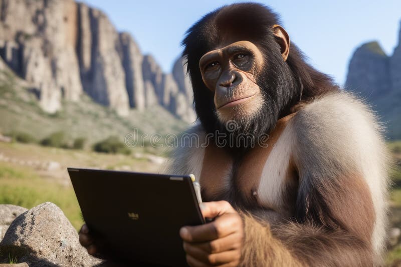 Ape-like Figure Using Laptop, Showing the Clash of Ancient and Modern ...
