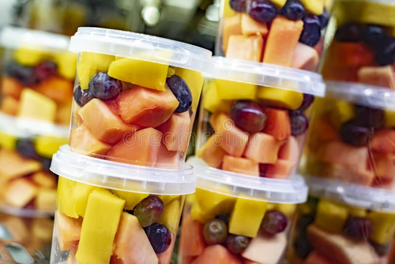 Pre-packaged Fruit Salads Displayed in a Commercial Refrigerator Stock ...