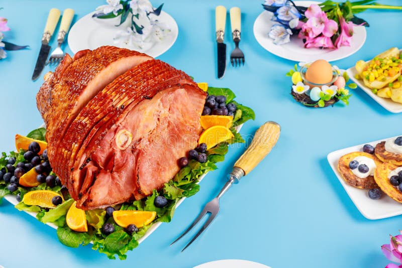 Pre Sliced Honey Ham on Party Table for Easter Stock Image - Image of ...