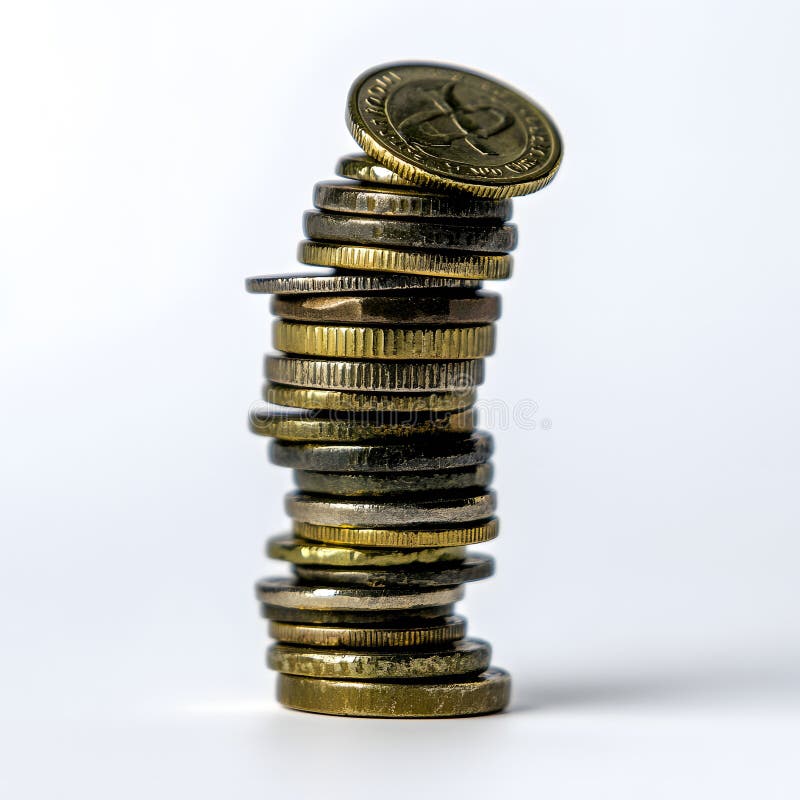 A Precarious Stack of Various Coins, Teetering on the Edge. Stock Photo ...