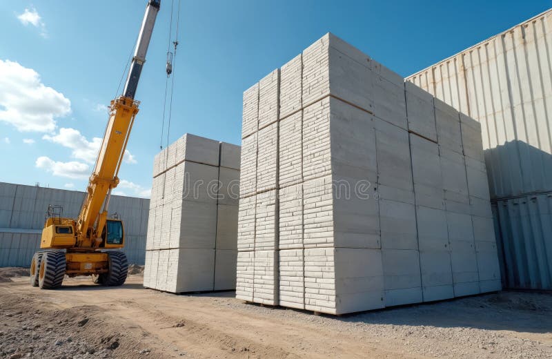 Precast Concrete Wall Panels Stacked Storage Area. Crane Lifting Panels ...