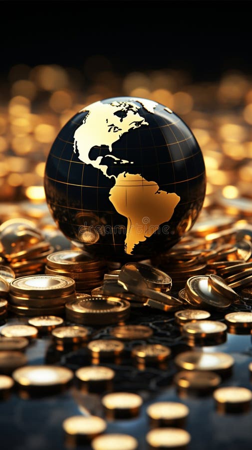 A Precious Black and Gold Globe Framed by a Heap of Gold Coins Stock Illustration - Illustration ...