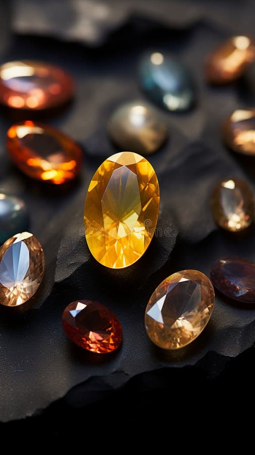 Precious Collection Many Natural Gemstones Displayed on a Glossy Black ...