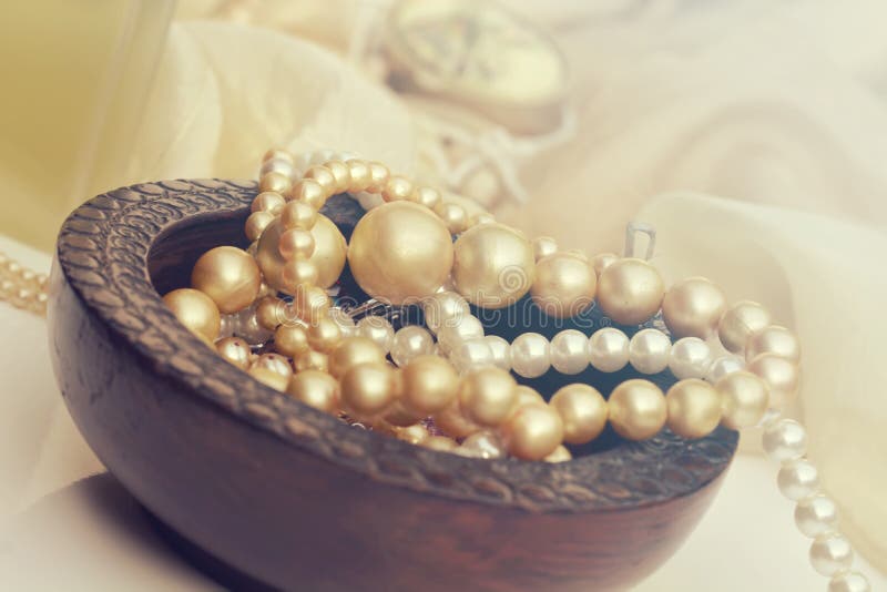 Precious Pearl Beads in Soft Light Stock Photo - Image of bottle ...