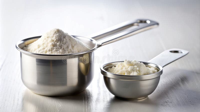 Precise Baking Measurement Metal Scoop beside Baking Powder Container ...